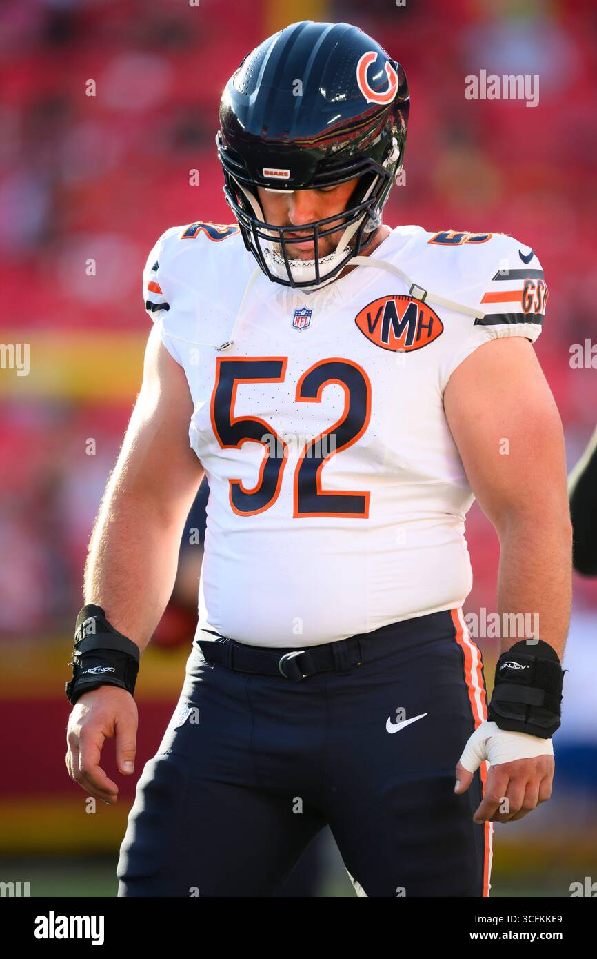 Chicago Bears center Drew Dalman takes a break during warmups before an ...