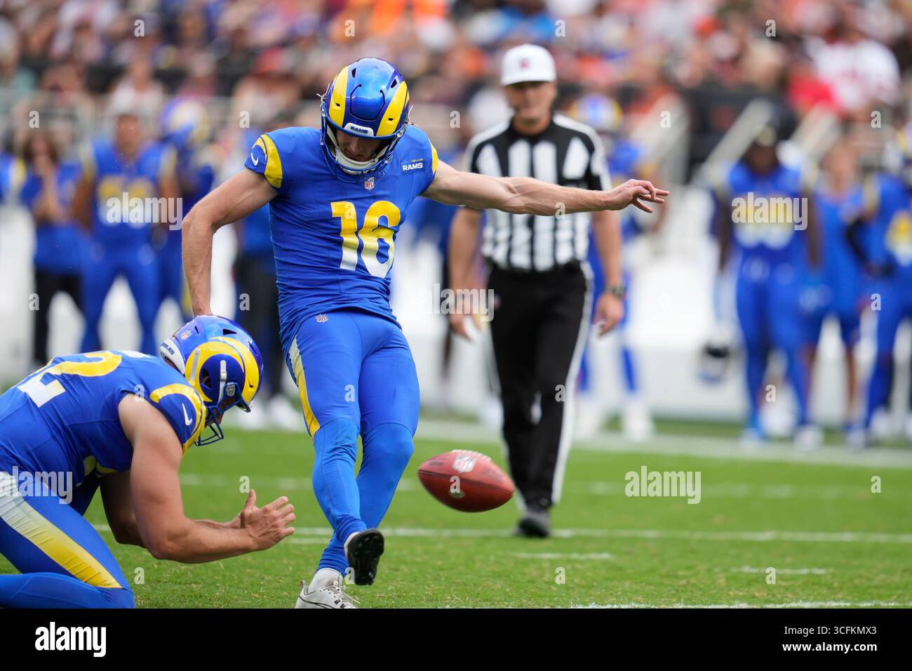 Los Angeles Rams place kicker Joshua Karty (16) kicks a field goal ...