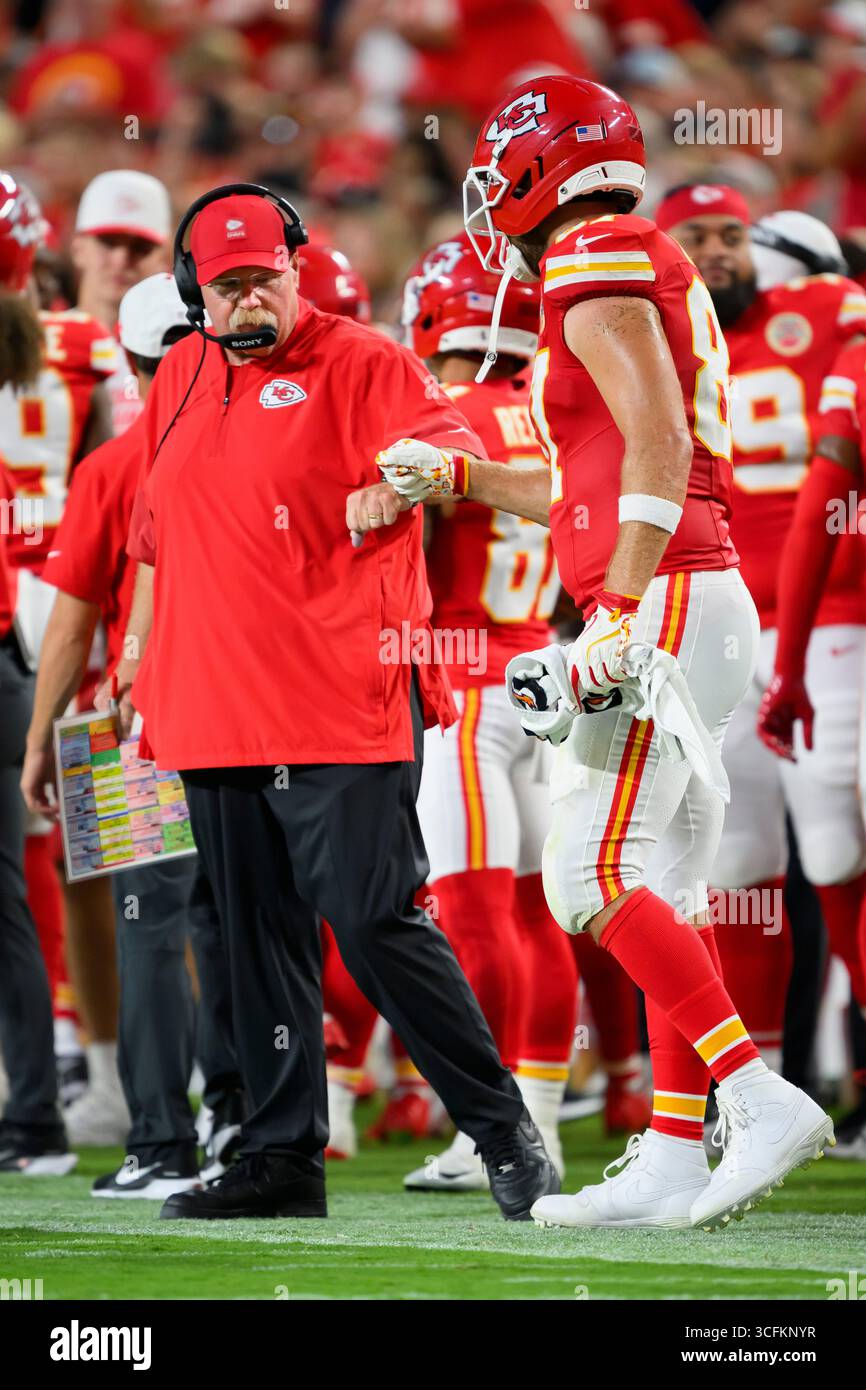 Kansas City Chiefs head coach Andy Reid, left, and Kansas City Chiefs tight end Travis Kelce ...