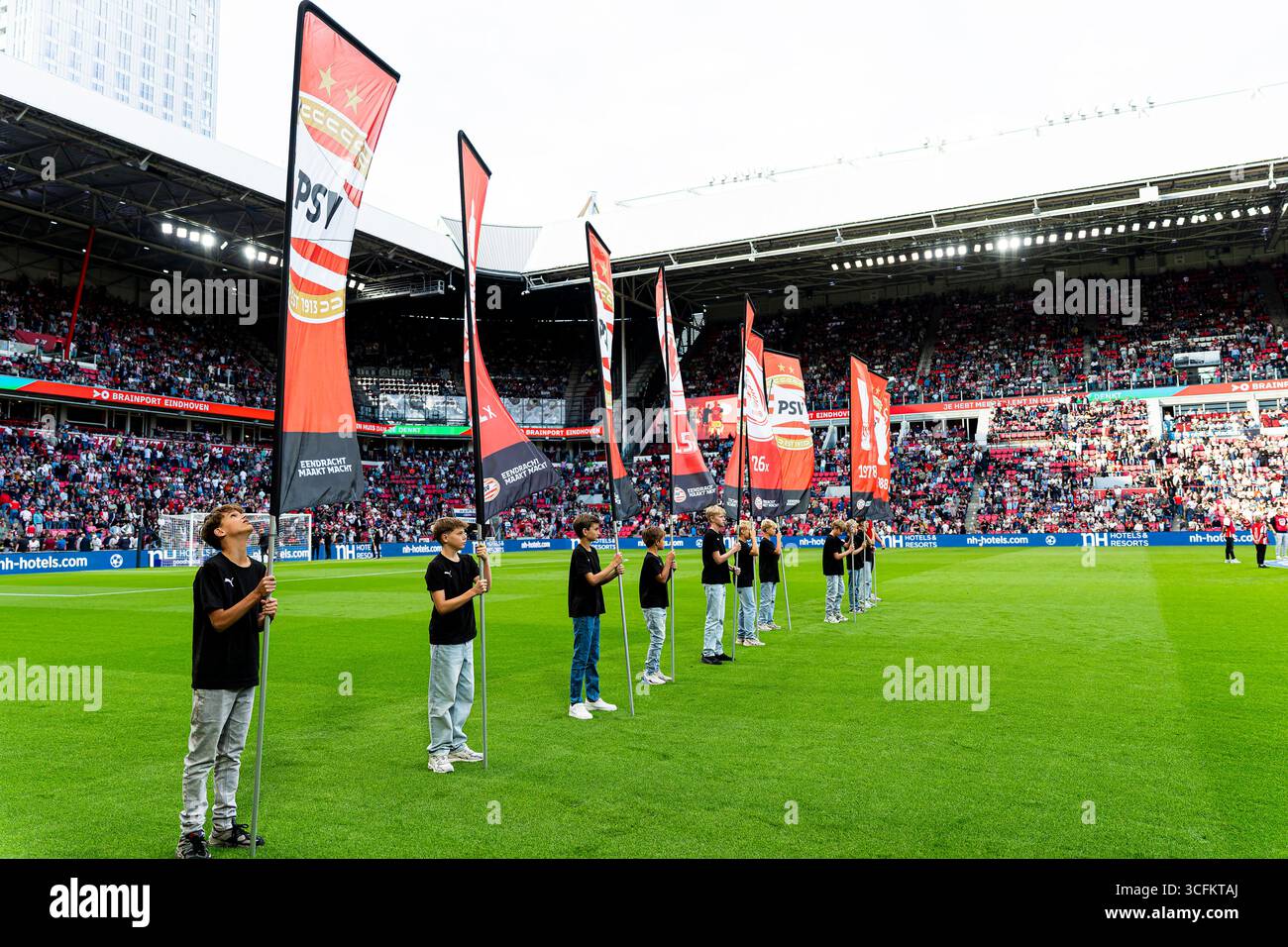 EINDHOVEN, NETHERLANDS - AUGUST 23: Atmosphere Team with flags prior to ...