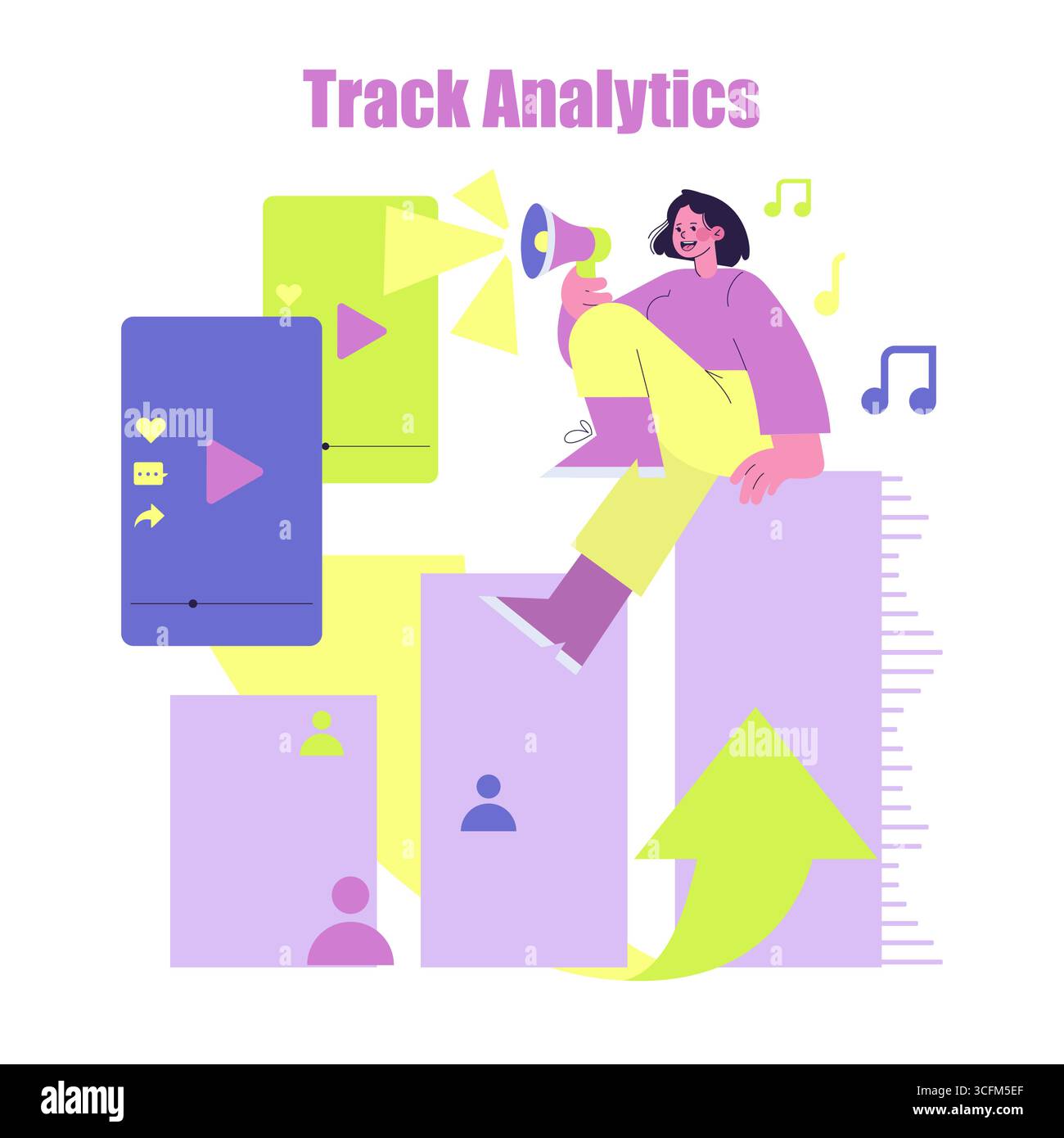 Vector illustration featuring a person with a megaphone analyzing data ...