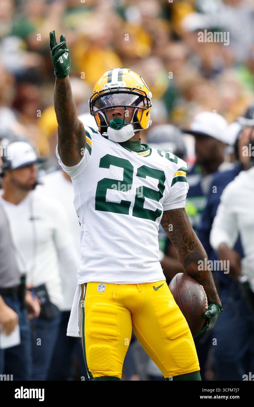 Green Bay Packers wide receiver Matthew Golden (22) signals first down ...