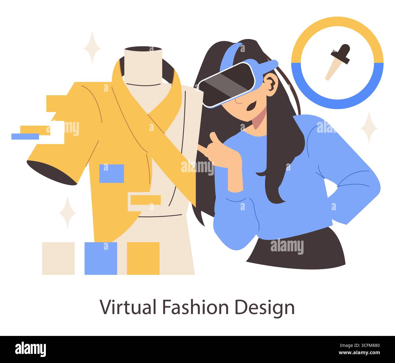 Vector illustration depicting a person using a VR headset for designing fashion on a mannequin ...