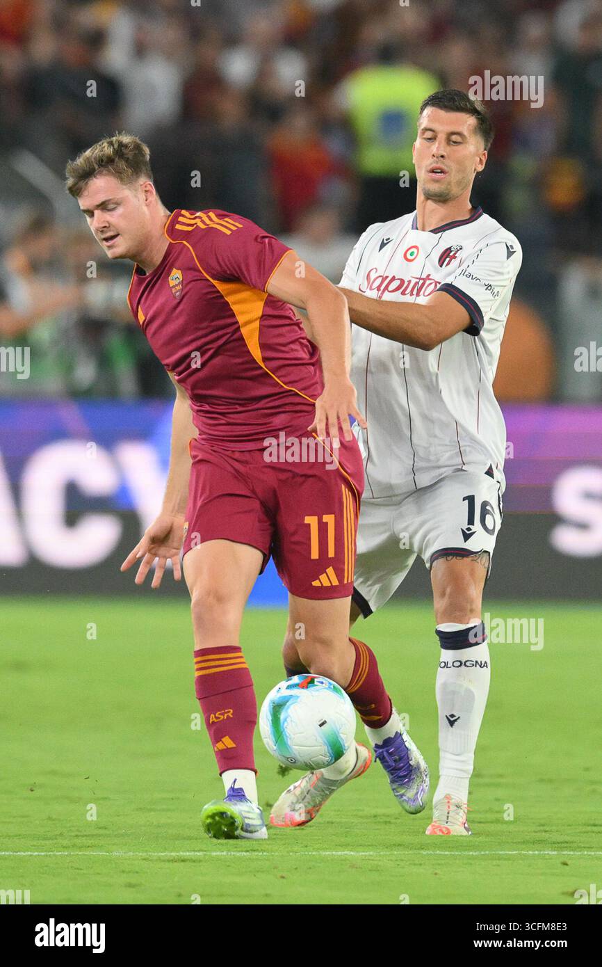 Olimpico Stadium, Rome, Italy - Evan Ferguson of AS Roma under pressure ...