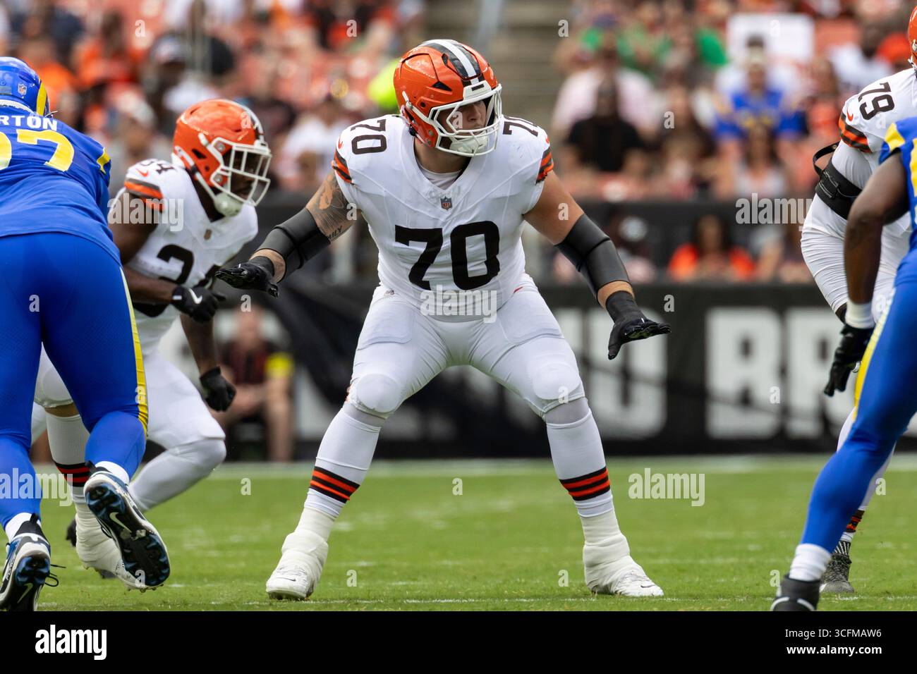 Cleveland Browns guard Zak Zinter (70) blocks during a pre-season NFL ...