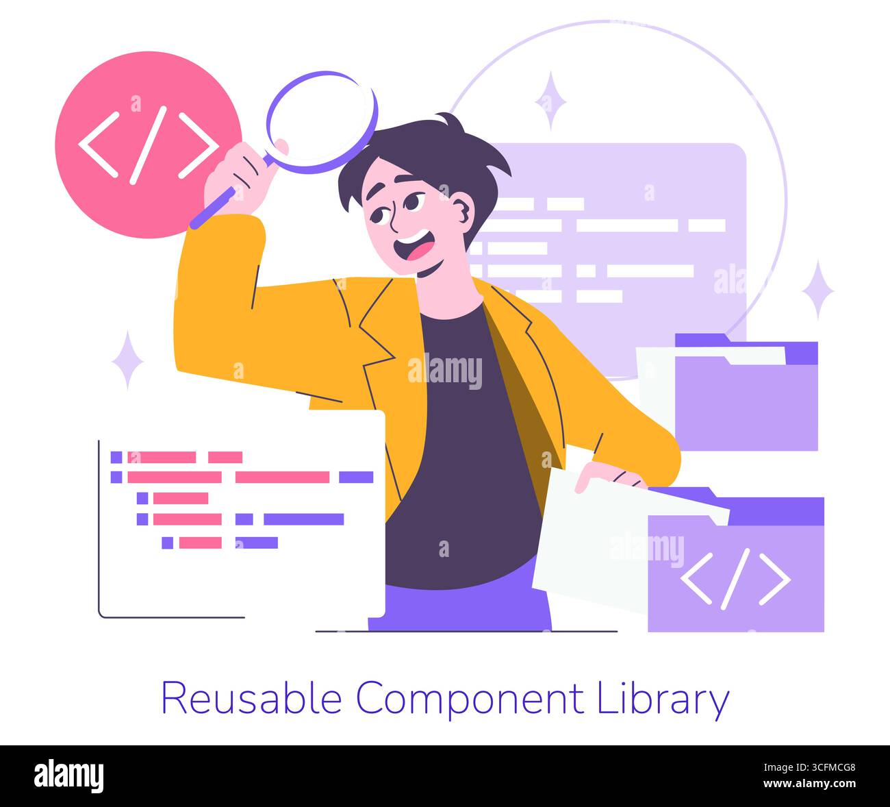 Vector illustration of a developer with a magnifying glass examining reusable component library ...