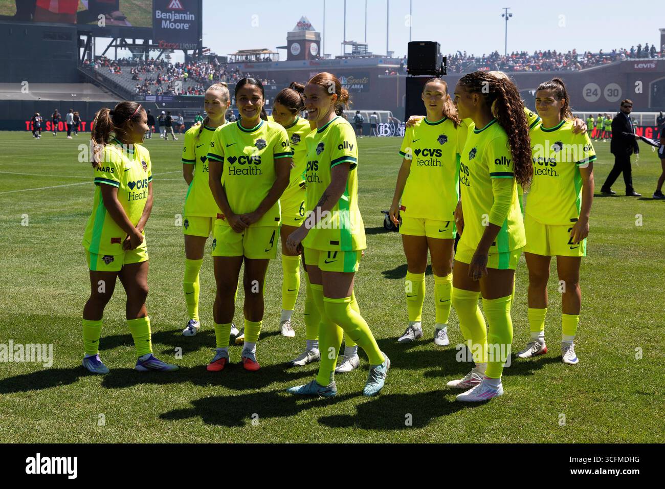 Washington Spirit players stand before a NWSL soccer match against Bay ...