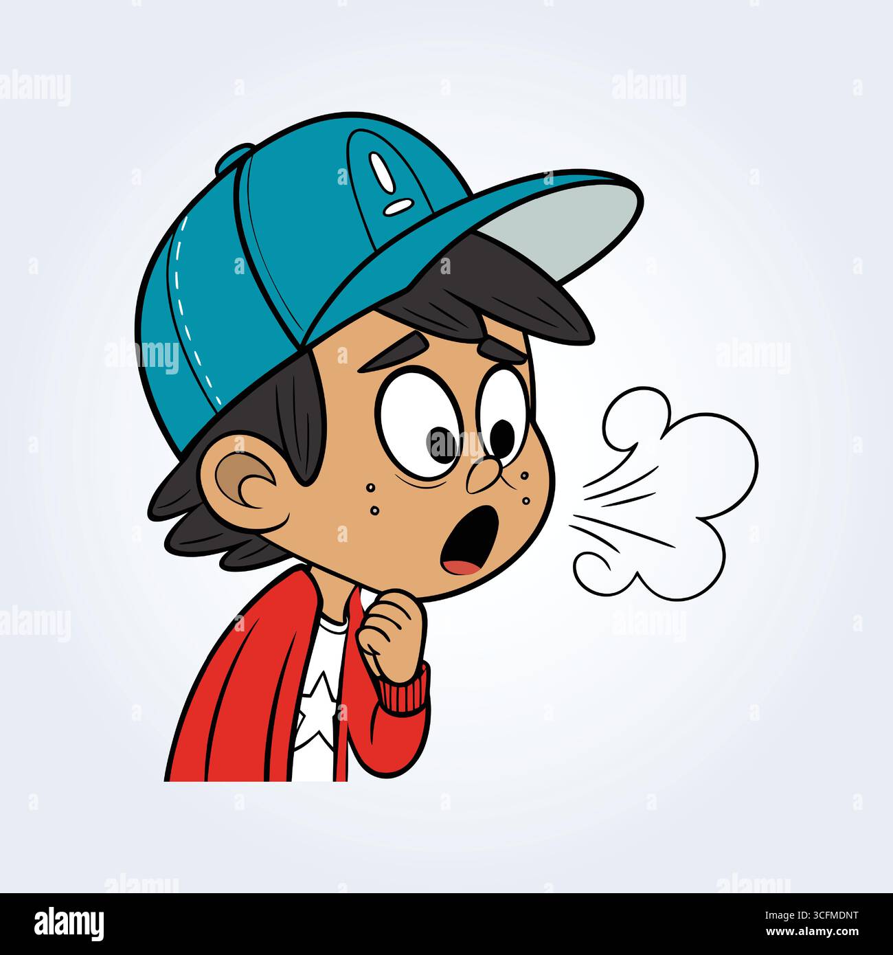 An illustration of a boy coughing and wearing a red shirt and a blue ...