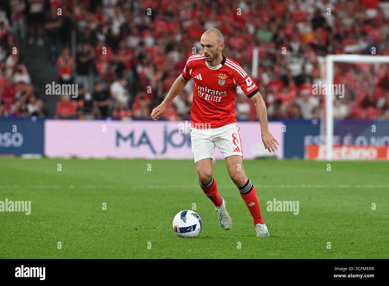 Lisbon, Portugal. 23 Aug 2025. Aursnes of Benfica in action during the ...