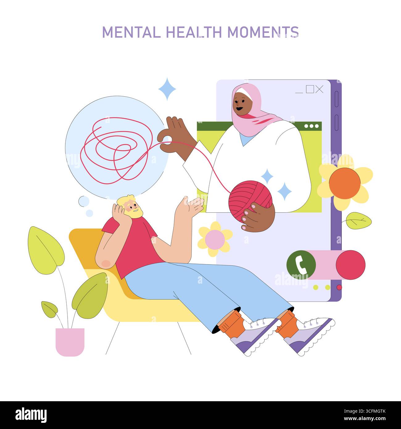Vector illustration of a virtual therapy session, depicting a therapist ...