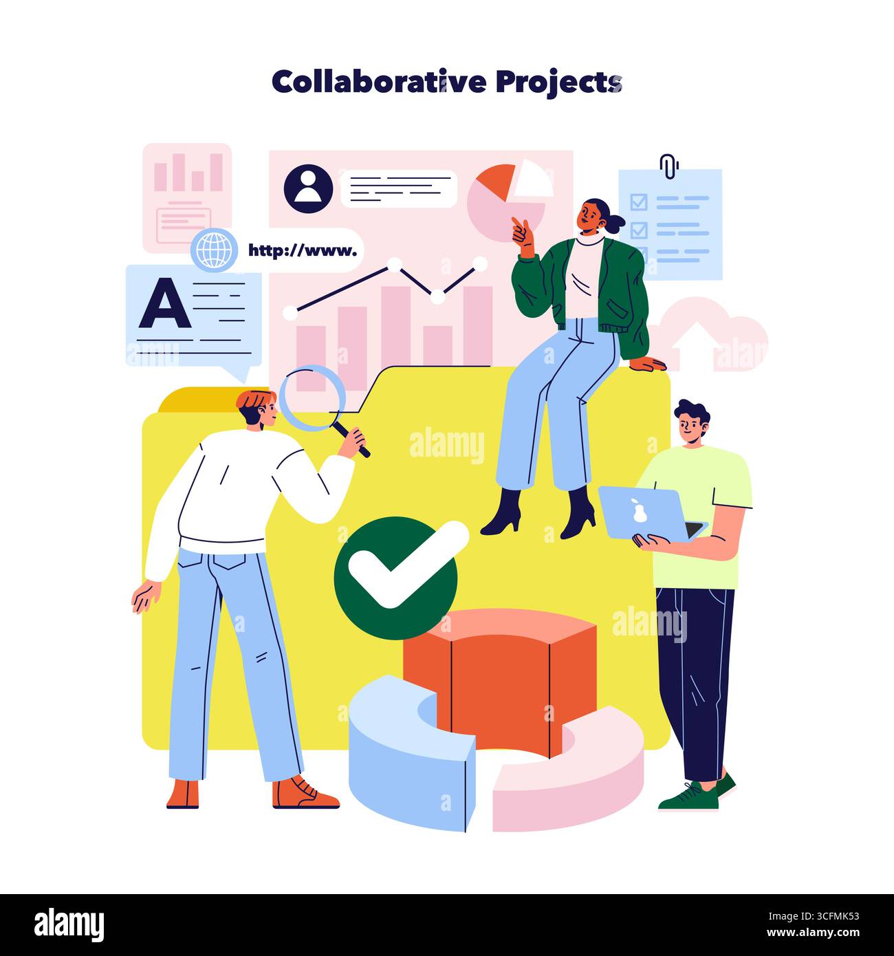 Team members engage in collaborative projects, analyzing data with charts and graphs. Vector ...