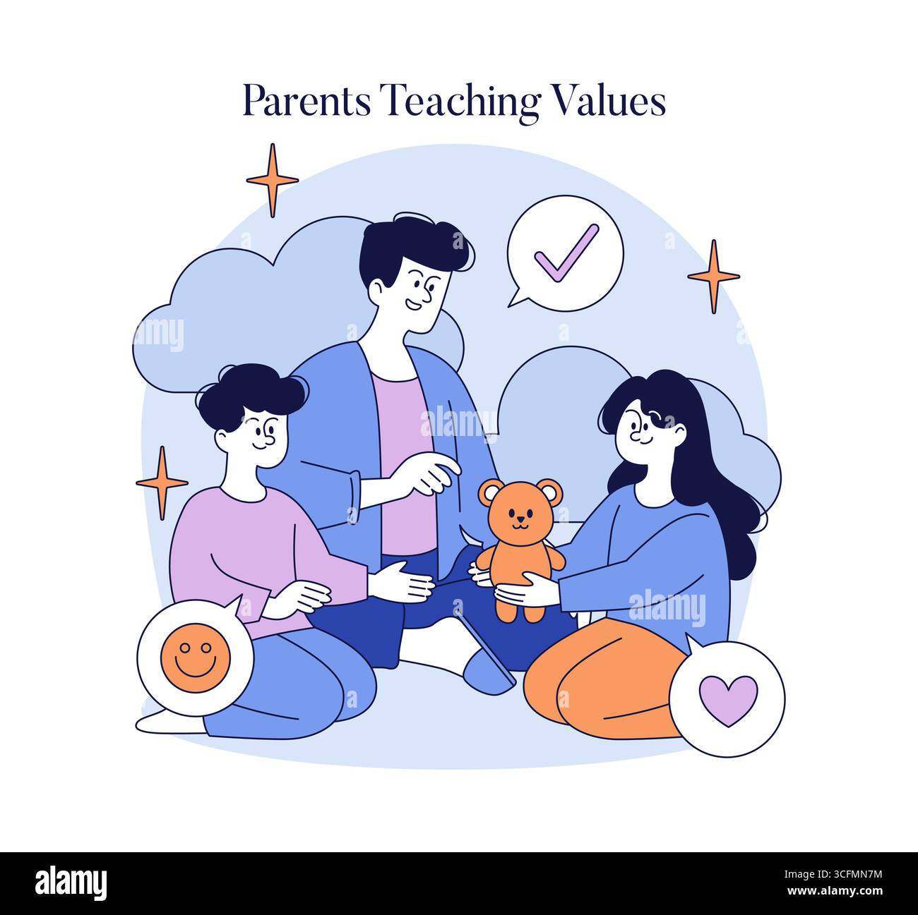Vector illustration of parents and two children sitting together ...