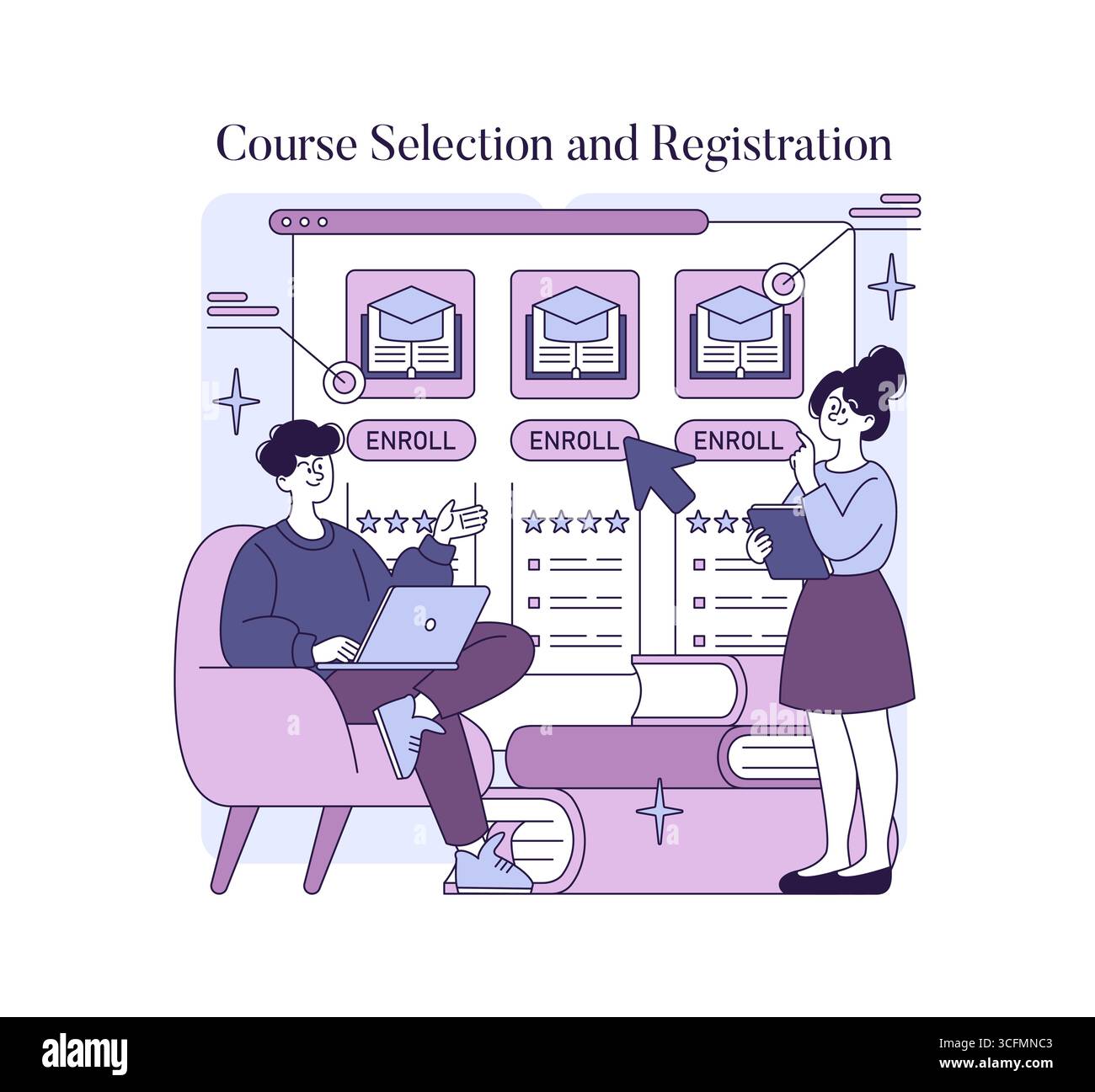 Vector illustration of two people discussing online course selection ...