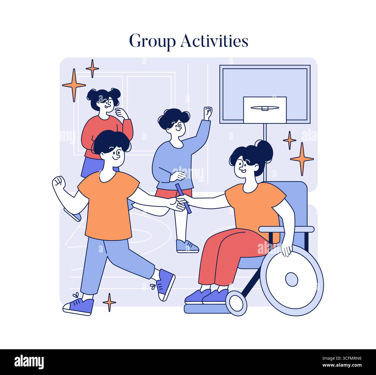 Vector illustration of diverse group enjoying an indoor relay race game ...