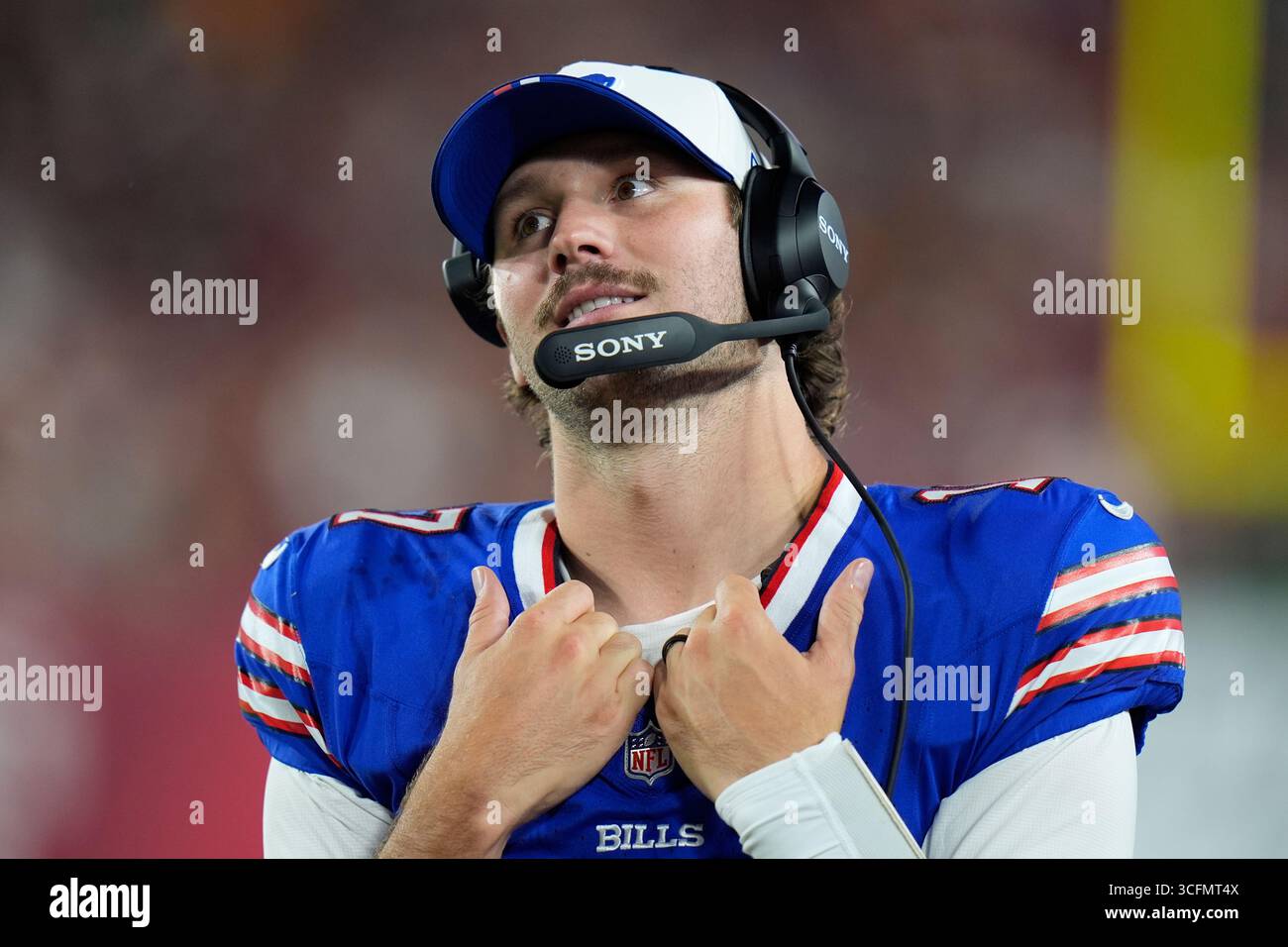 Buffalo Bills quarterback Josh Allen watches during the first half of ...