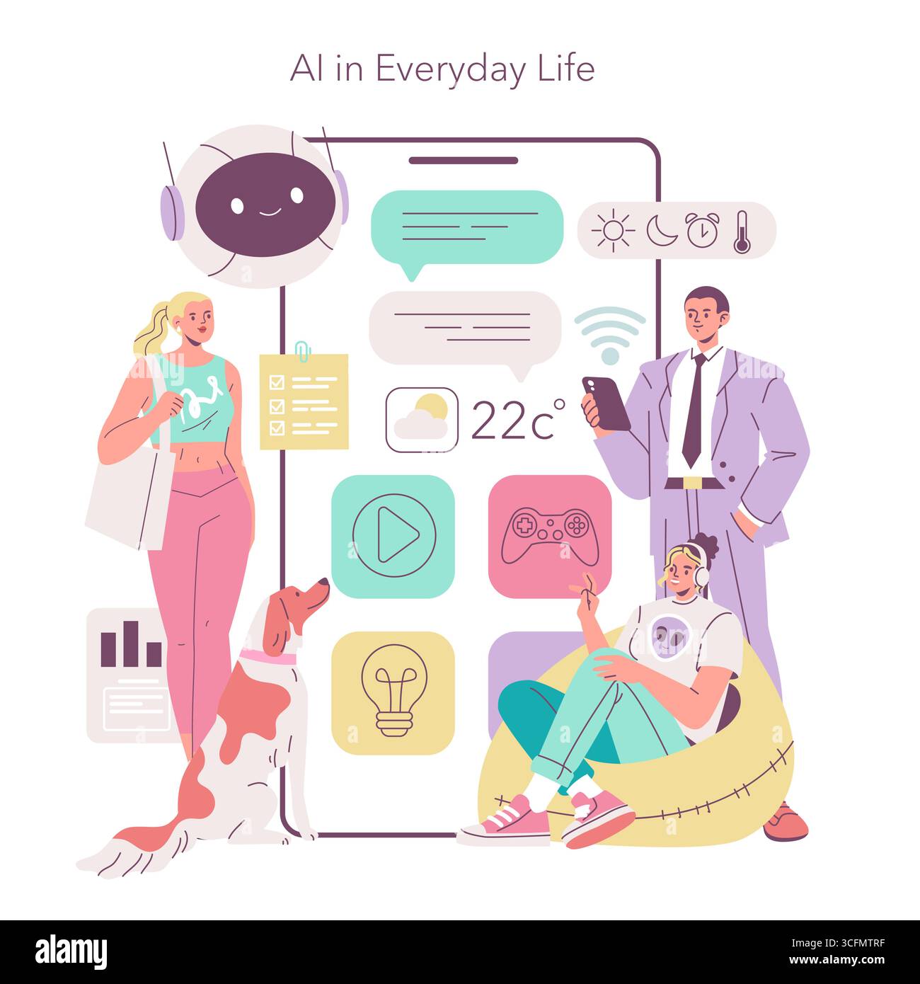 Vector illustration depicting AI technology in everyday life with ...