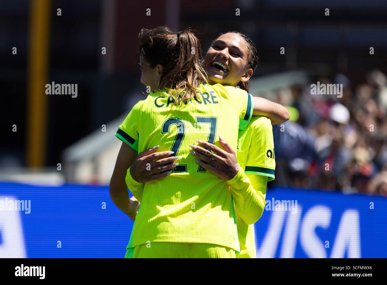 Washington Spirit forward Trinity Rodman, right, is embraced by forward ...