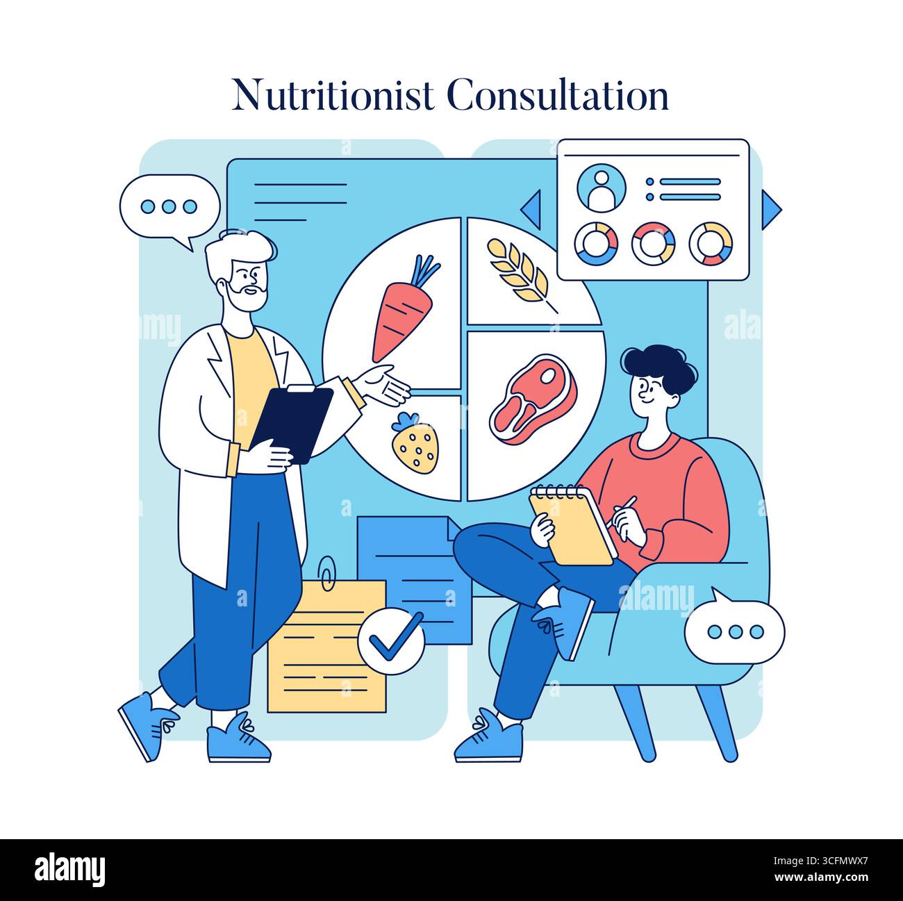 Nutritionist consults a client using a food chart featuring various ...