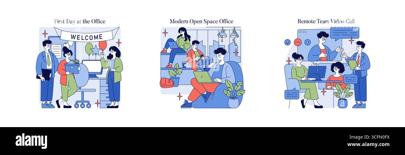 Vector illustration portraying a welcome scene for new employees in a ...