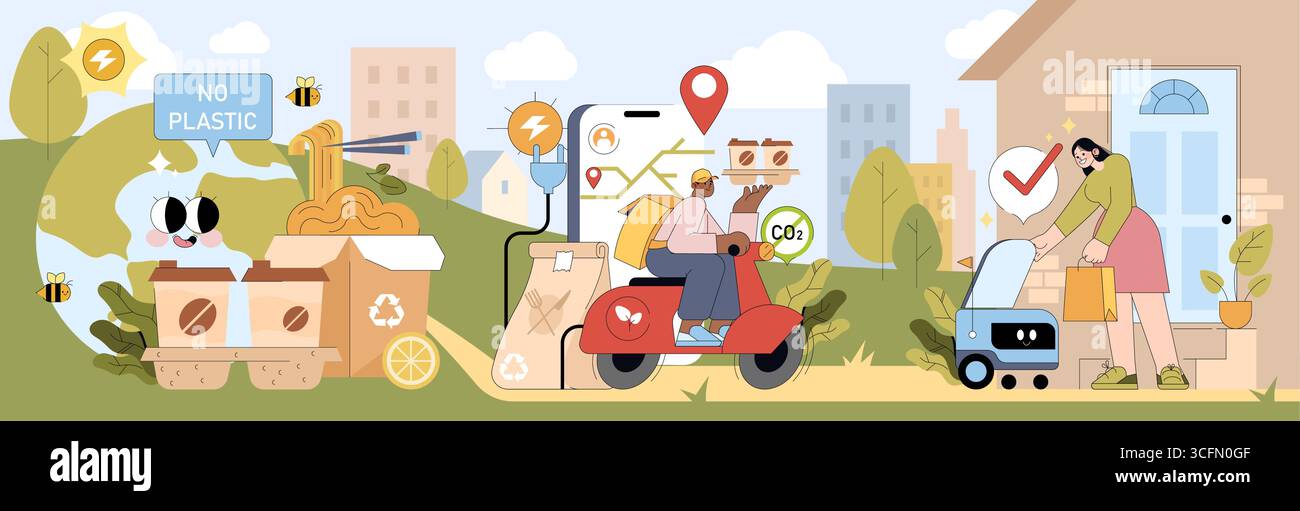 Vector illustration of eco-friendly food delivery using sustainable ...