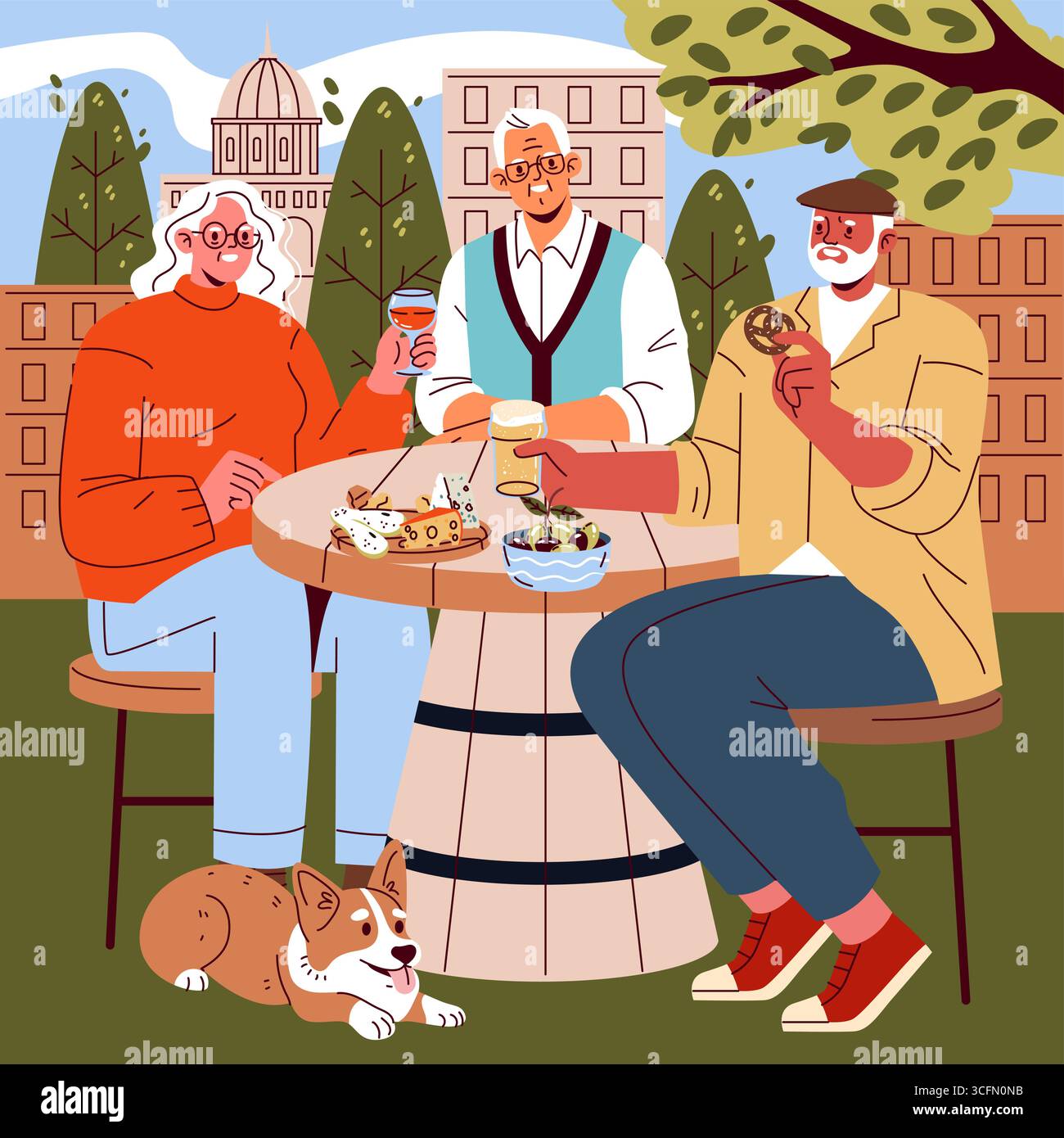 Vector illustration of three people enjoying an outdoor gathering at a ...