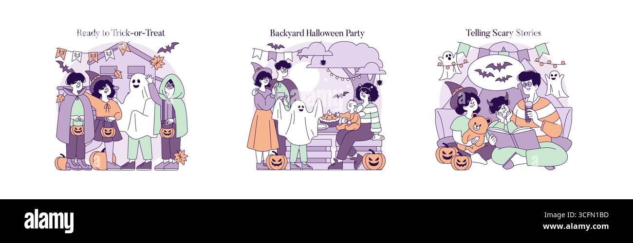 Vector illustrations depicting Halloween celebrations, featuring kids ...