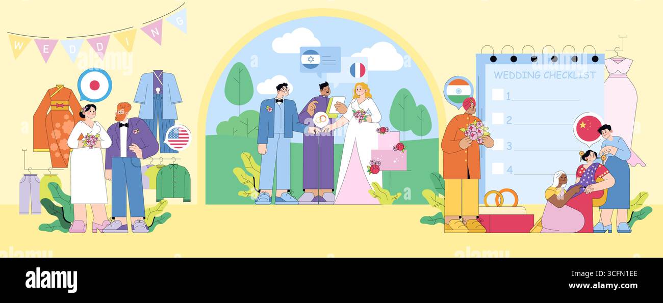 Vector illustration depicting diverse cultural wedding preparations ...