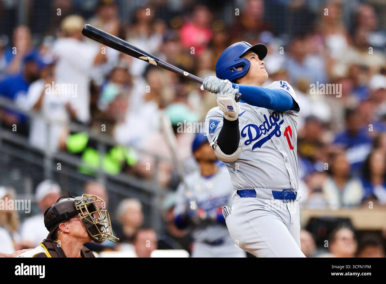 Los Angeles Dodgers' Shohei Ohtani flys out to center field against the ...