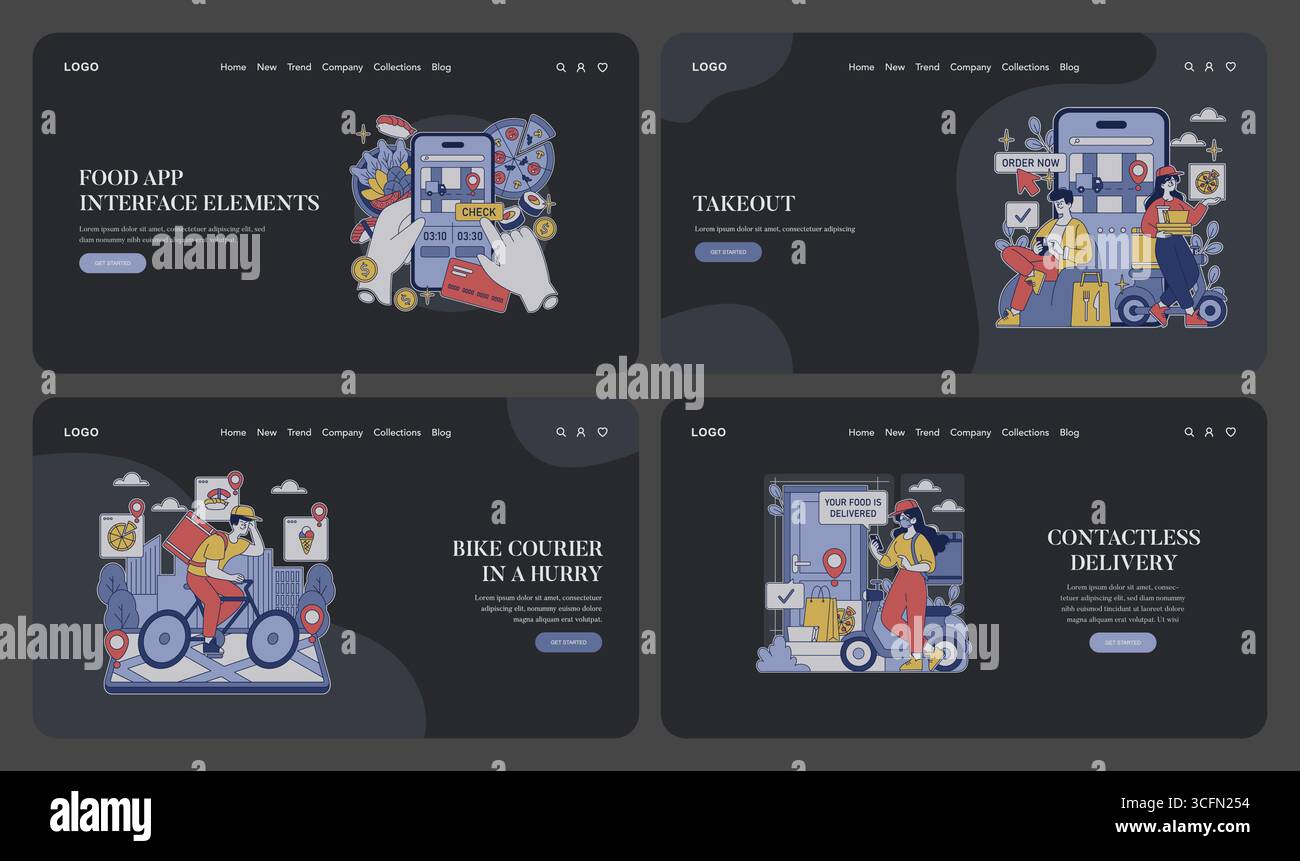 Vector illustrations depicting food delivery themes with couriers on ...
