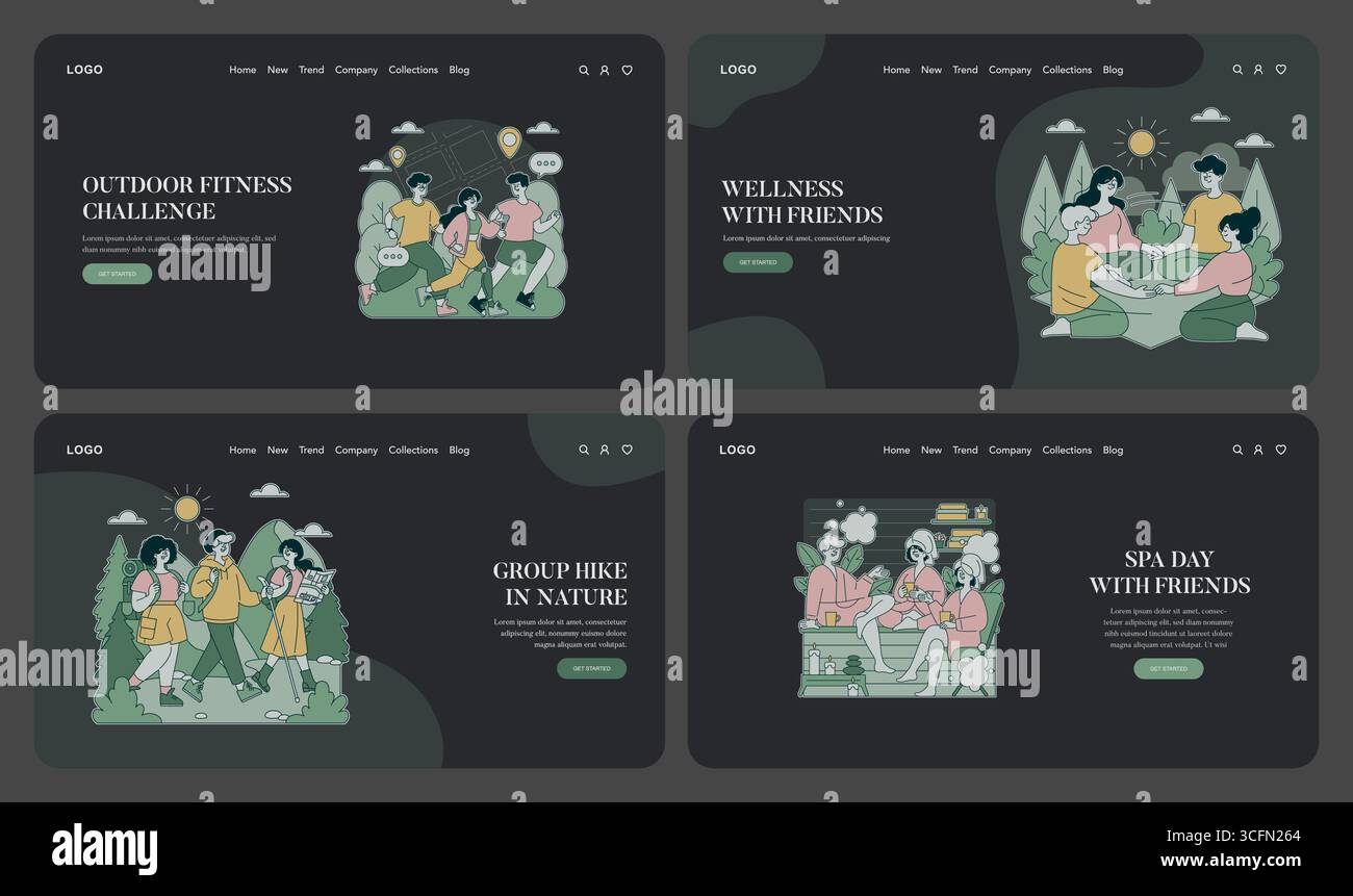 Vector illustration set depicting outdoor fitness challenges, wellness ...