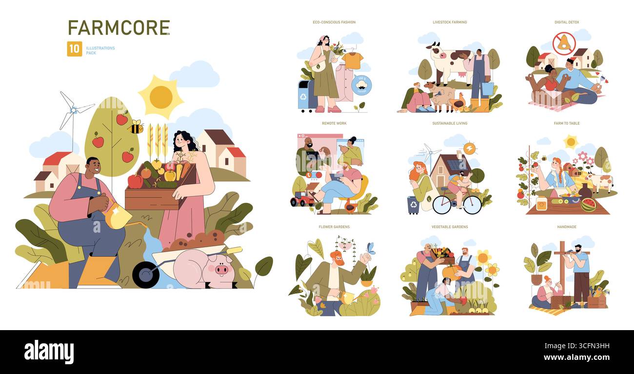 Vector illustration set depicting farmcore lifestyle with activities ...