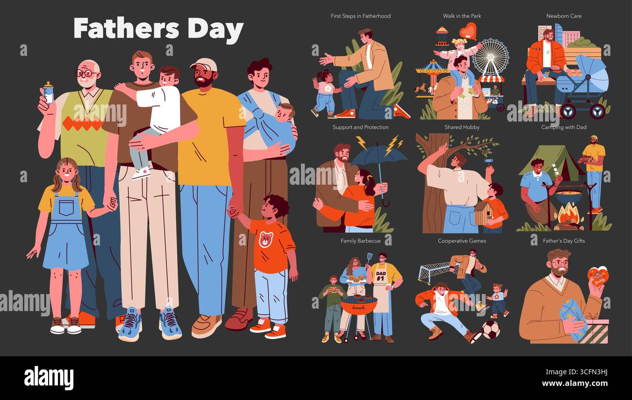 Fathers Day set. Family spending quality time together through picnic ...