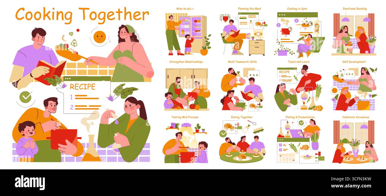 Vector illustration set depicting diverse families cooking together ...