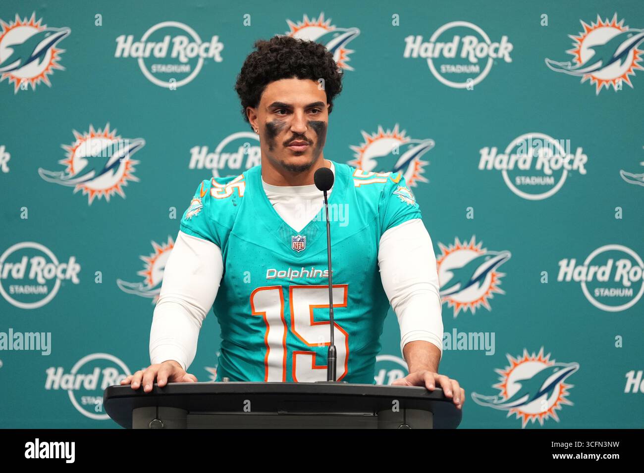 Miami Dolphins linebacker Jaelan Phillips (15) speaks during a news ...