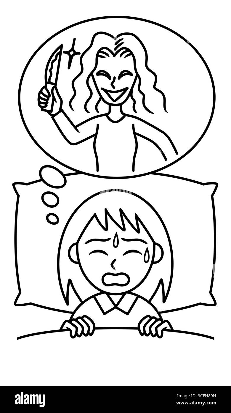 line drawing of young woman having nightmare Stock Photo - Alamy