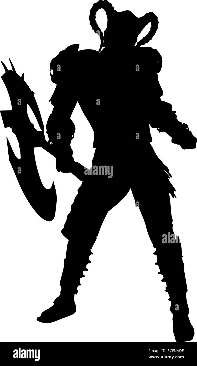 Warrior in battle stance holding a massive double headed axe. The ...