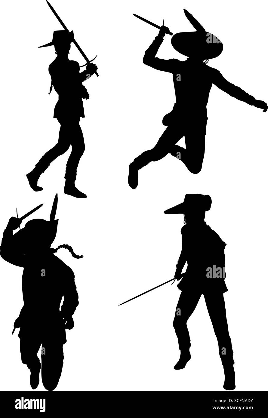 Silhouette illustration of a swordsman in a dynamic pose, holding a ...