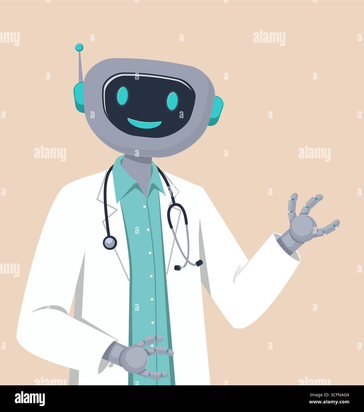 Illustration of smiling robot doctor in a white lab coat with a ...