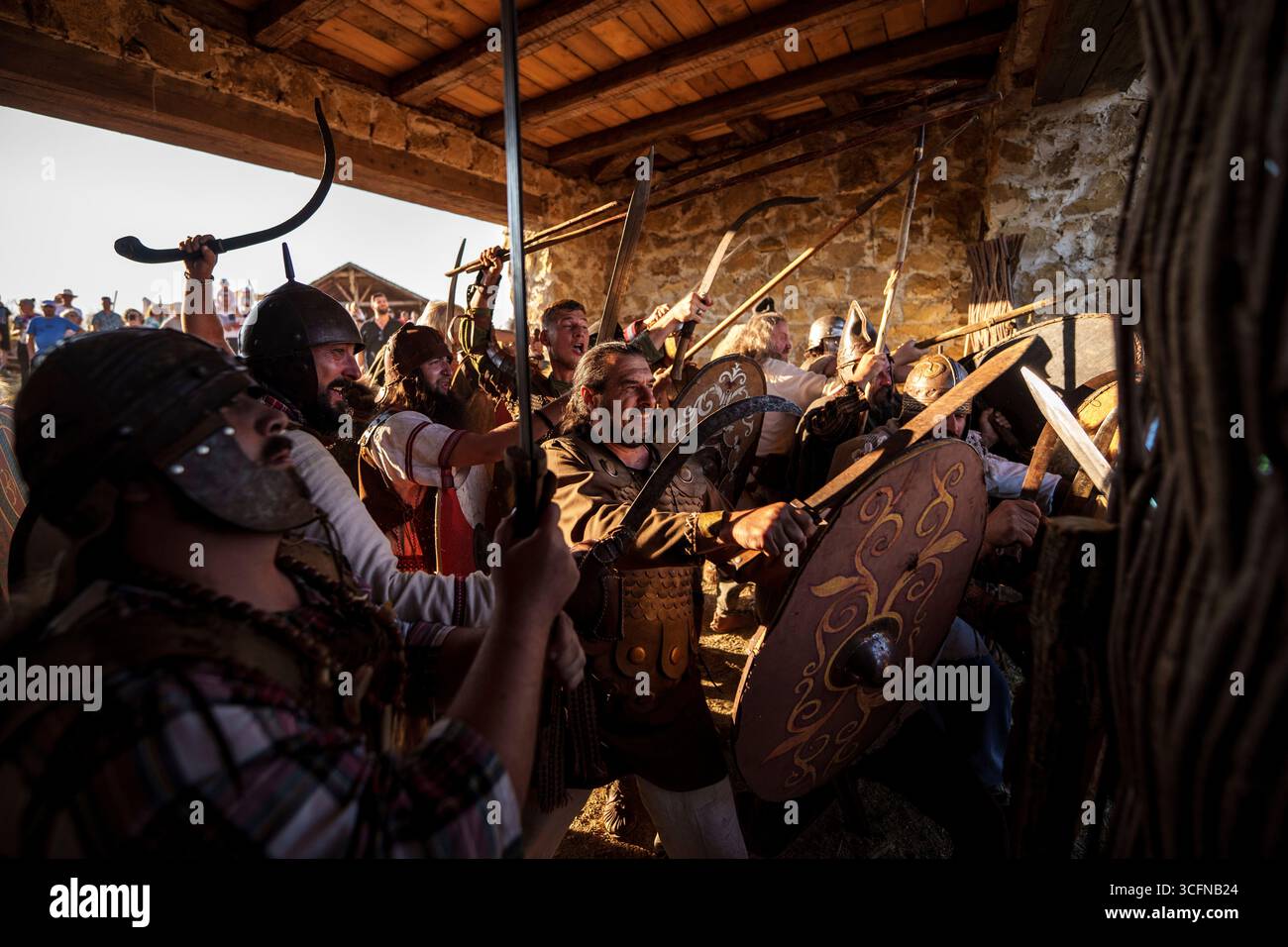 Members of historical reenactment groups wearing Dacian warrior outfits ...
