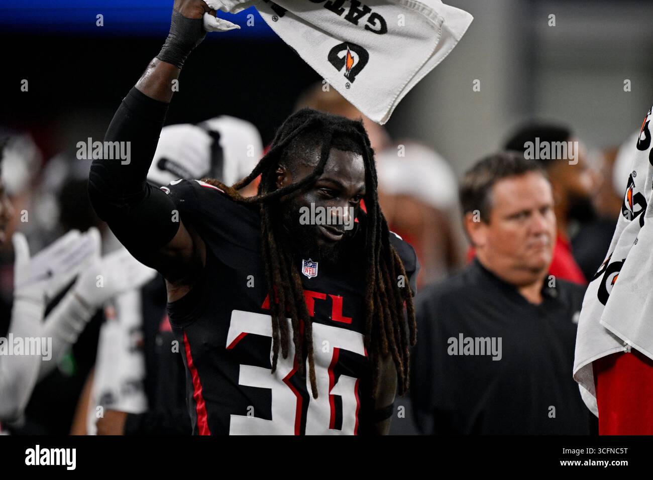 Atlanta Falcons linebacker Ronnie Harrison (36) looks on from the ...