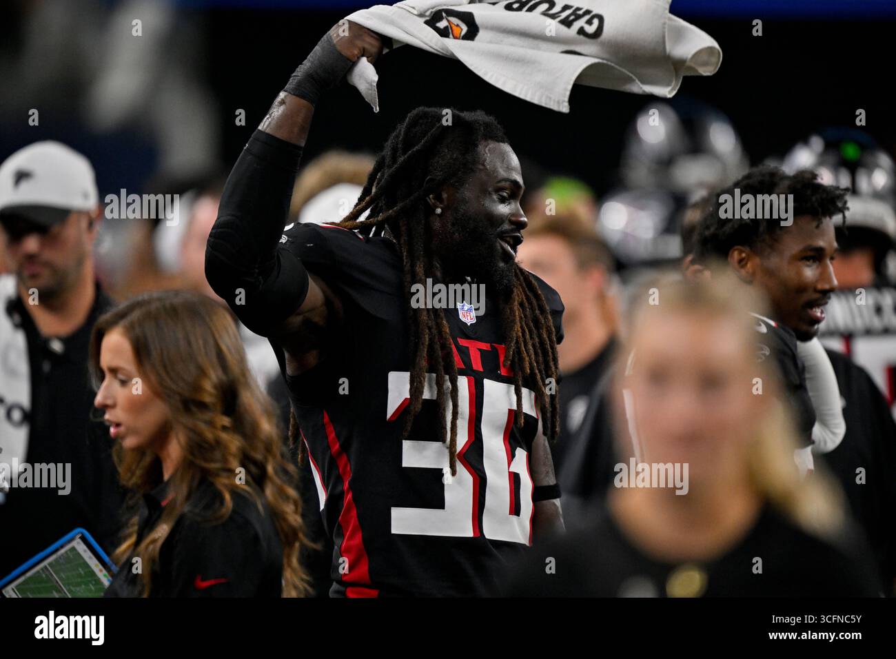 Atlanta Falcons linebacker Ronnie Harrison (36) looks on from the ...