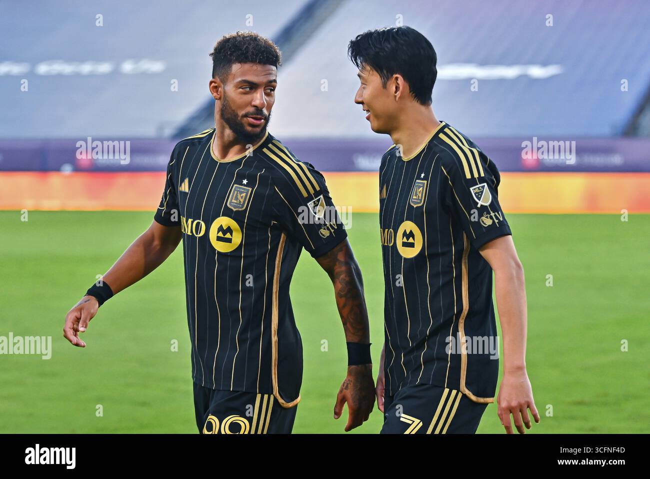 August 23, 2025: LAFC left wing Denis Bouanga (left) and centre forward Heung Min Son (right ...