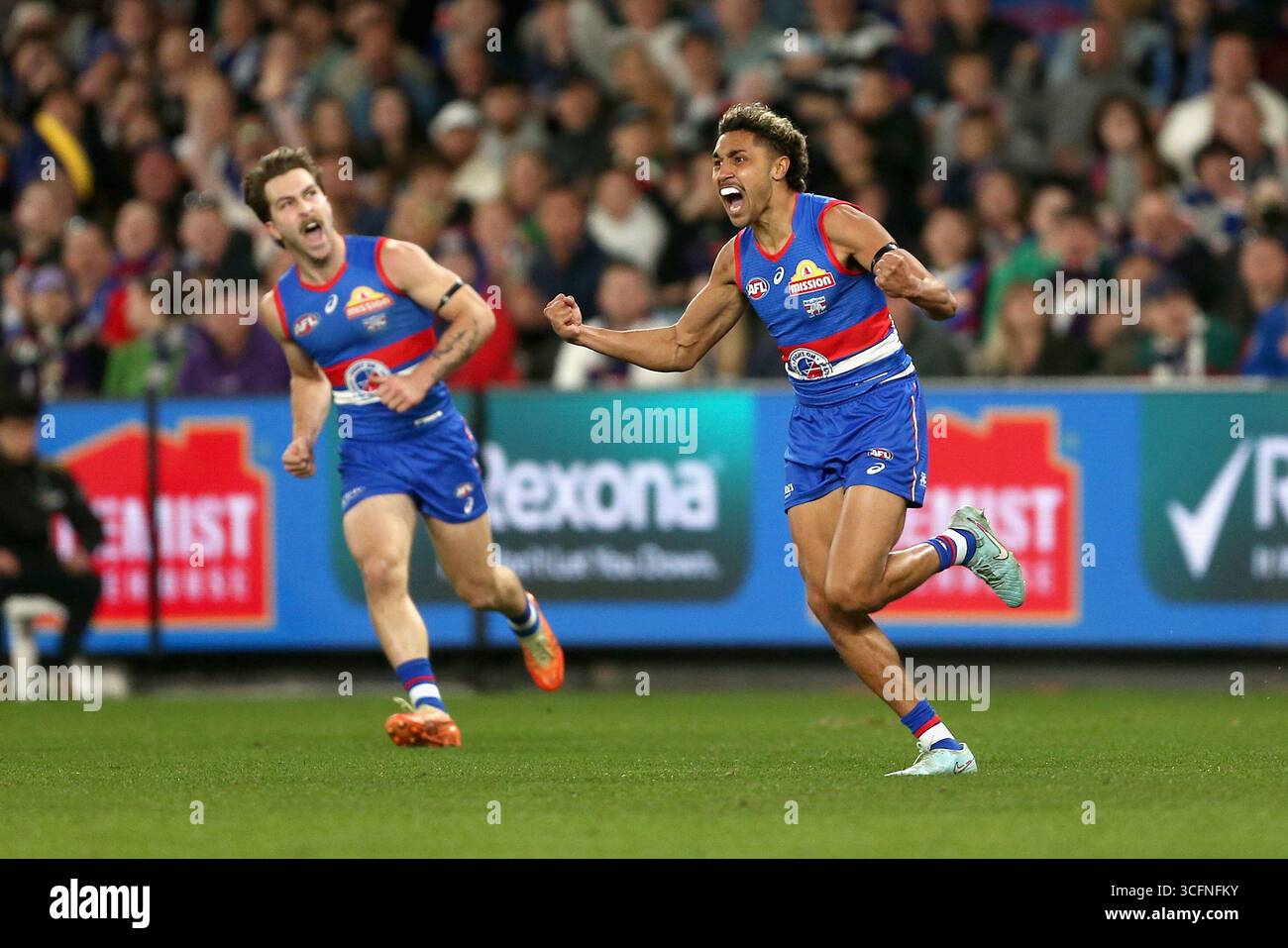 Arthur Jones of the Bulldogs celebrates a goal during the AFL Round 24 ...