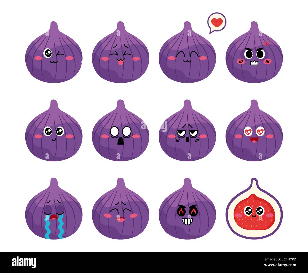 Fig fruit mascot emoji set. Fig character showing different emotions ...