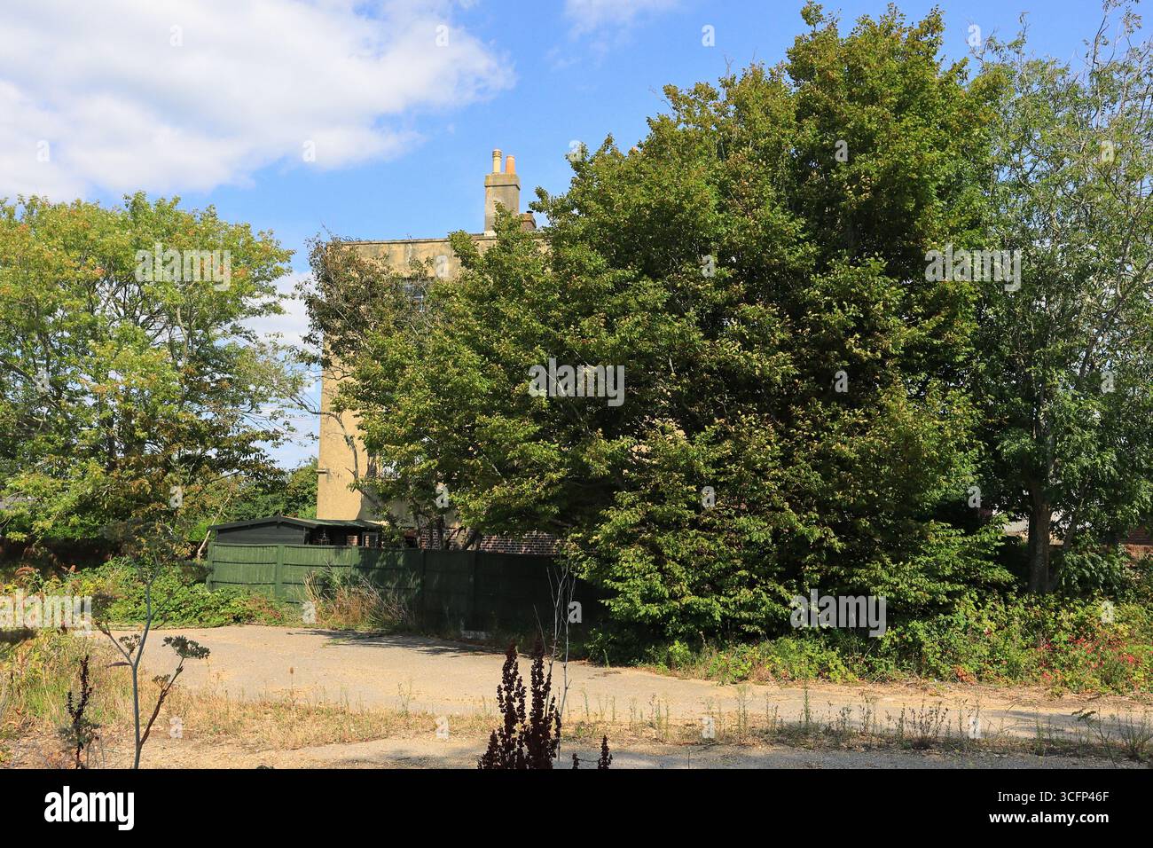 Partially hidden behind dense trees and overgrowth, this light-brick ...