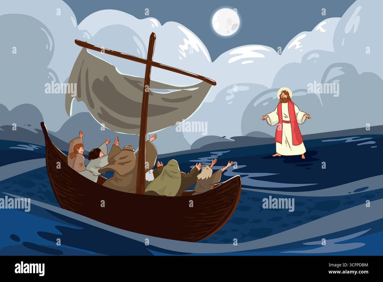 A Biblical Scene Portraying Jesus Walking on Water Alongside Disciples ...
