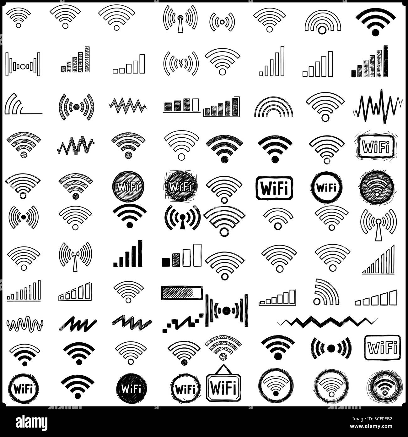 Collection of hand drawn style wifi signal icons and signal doodle ...