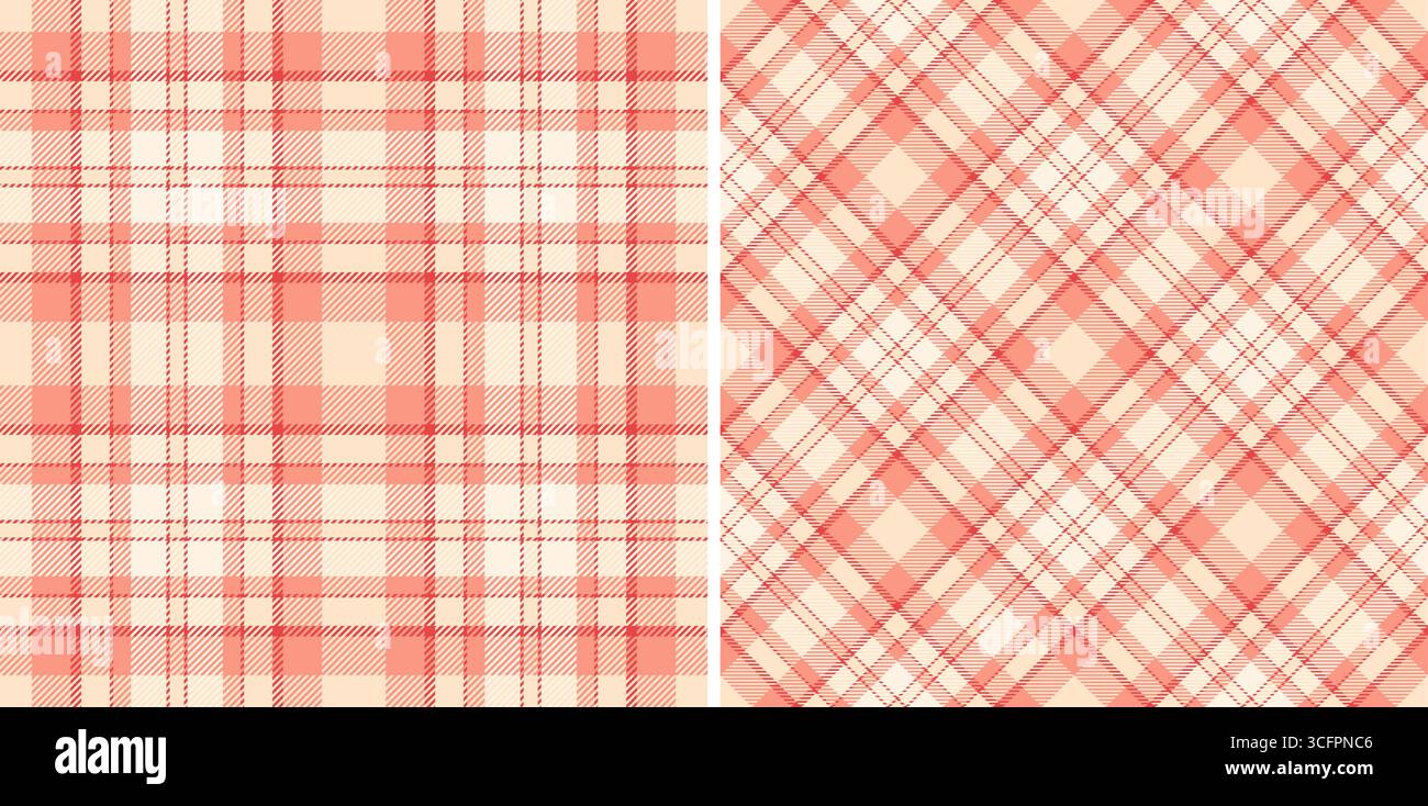 Two variations of a plaid pattern in soft shades of peach and cream ...