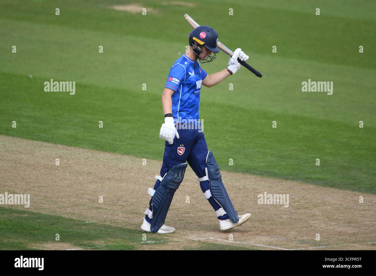 Canterbury, England. 24th Aug 2025. Jaydn Denly celebrates reaching a ...