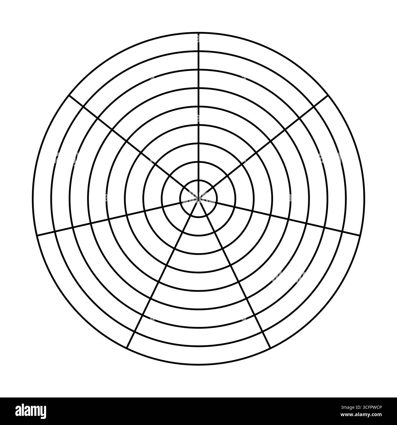 Polar grid of 7 segments and 8 concentric circles. Blank polar graph ...